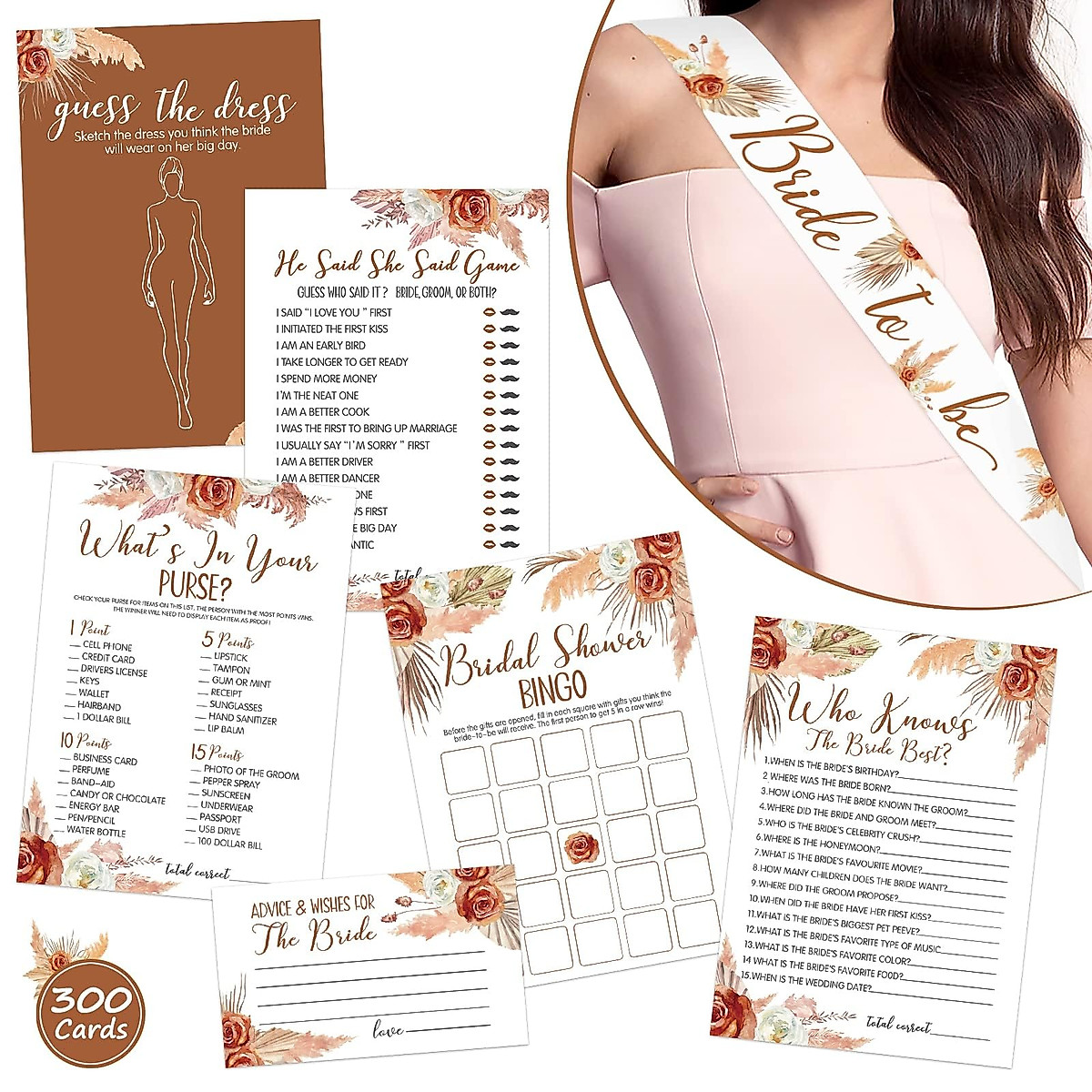 Levfla Boho Bridal Shower Games - Set of 6 (50 pcs Per Game), with Tropical Bohemian Bride to Be Sash + 4 PCS Marker Pens, Suitable for Pampas Bridal Shower, Terracotta Bachelorette Party