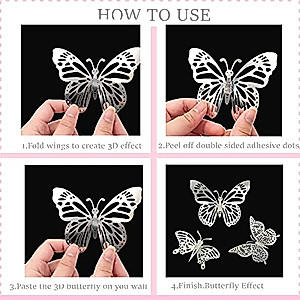 Mudboo 48 Pcs 3D Butterfly Wall Stickers,3 Styles 3 Sizes,Removable Wall Sticker Butterfly Wall Decals Decoration for Kids Bedroom Nursery Classroom Party Wedding Decor DIY Gift (Silver)