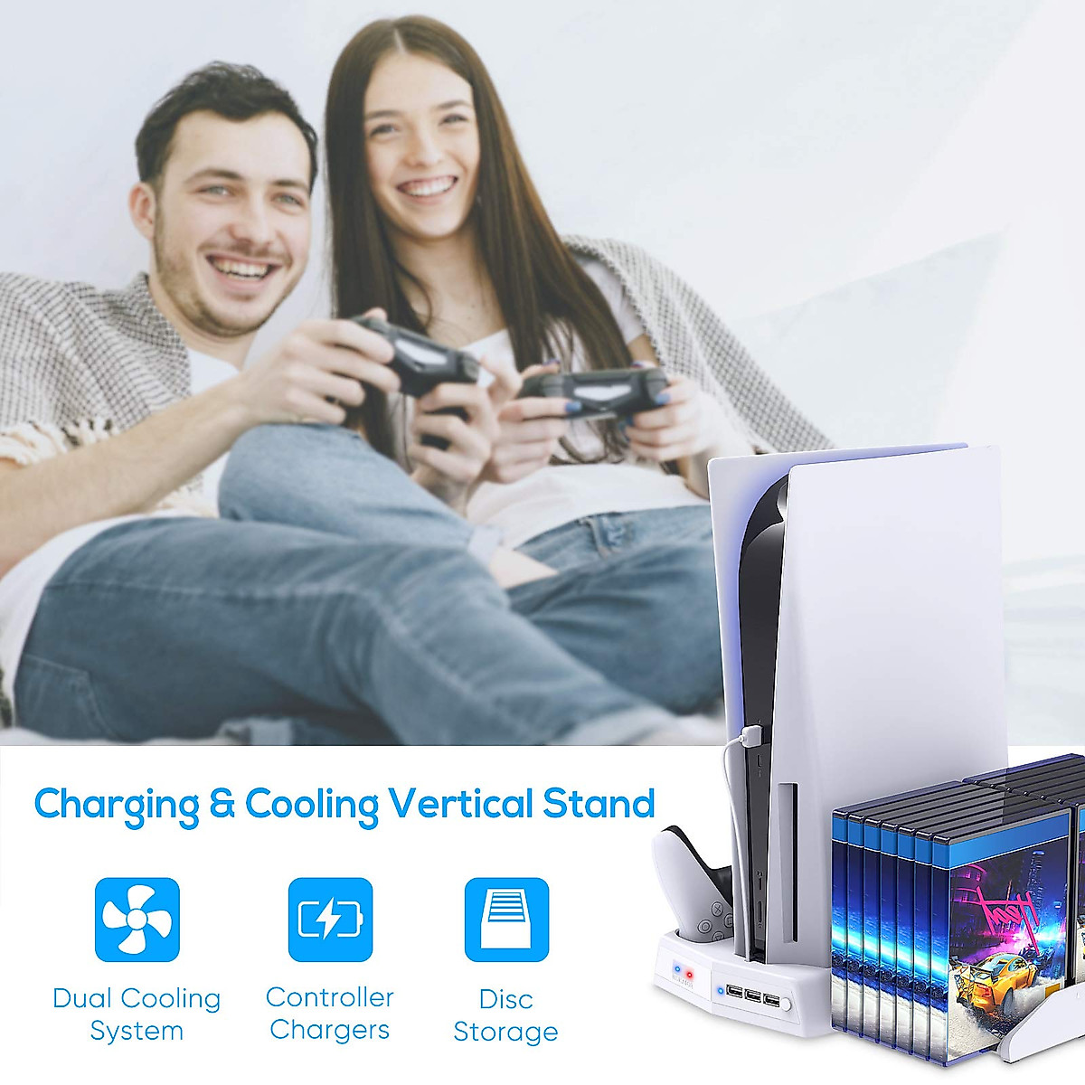 MENEEA Vertical Stand for PS5 Digital Edition/Ultra HD with Dual Controller Charging Station & Suction Cooling Fan & 14 Retractable Game Slots, for PS5 Gaming Accessories for PS5 Console