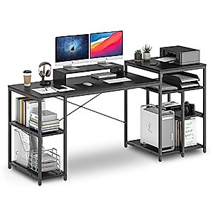 HYPIGO Desk with Printer Space Home Office Desks 69 Inch Computer Desk with Storage Study Table Writing Desk with Shelves and Bookshelf Large Gaming Desk with Monitor Shelf Easy Assemble, Black