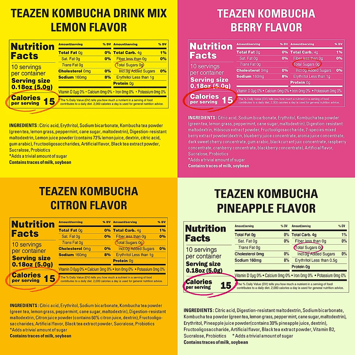 TEAZEN Kombucha 4 Flavors 40 Sticks Variety Pack, Kombucha Lemon, Peach, Berry Citron (40 Sticks)