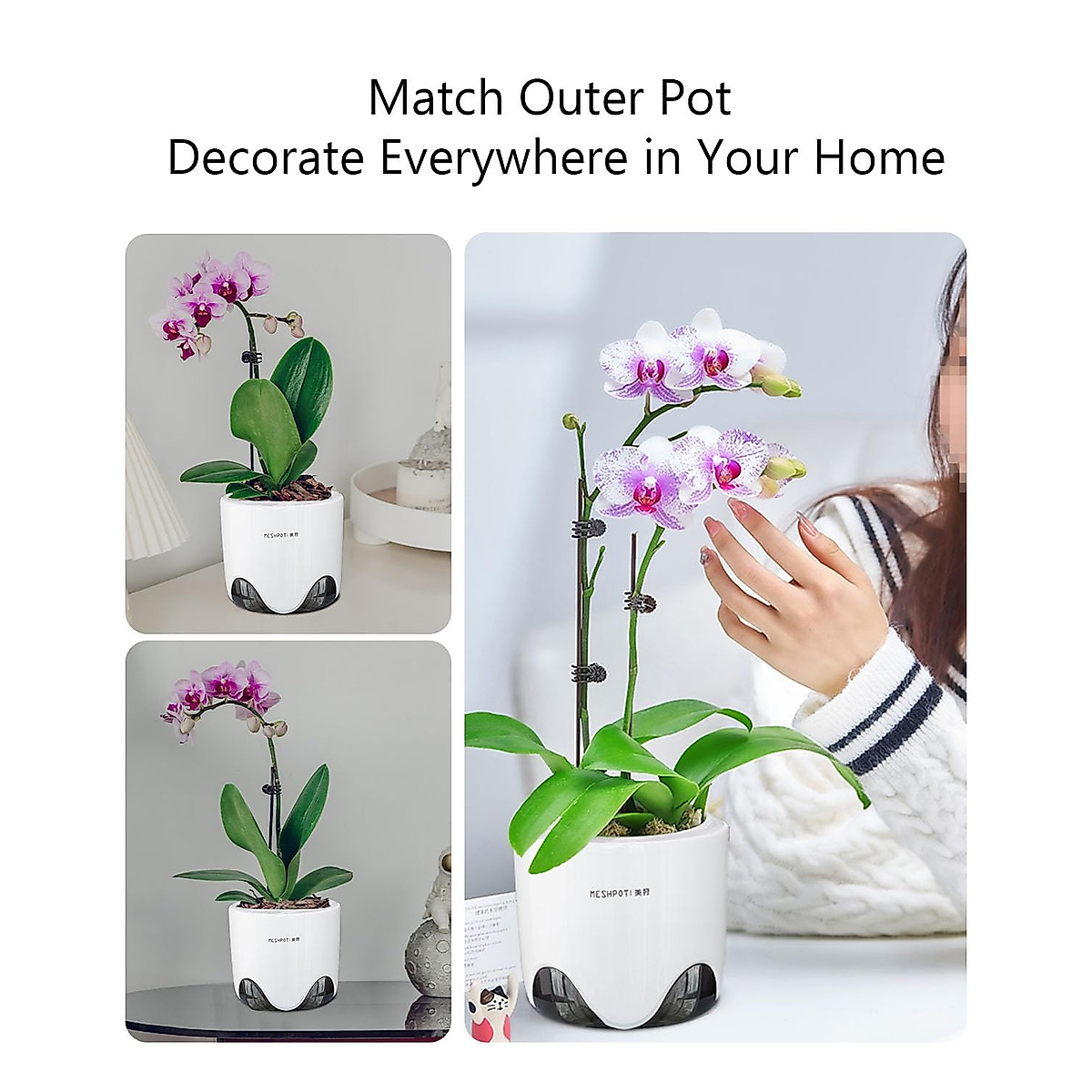 Meshpot 6 inch Orchid Pots with Holes,Set of 2,Double Layer Plastic Imitate Ceramic Orchid Planter Provide Good Air Circulation,Clear Orchid Pot Match Decorative Orchid Container