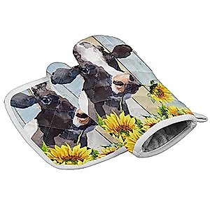 Farm Animal Oven Mitts, Thermal insulation Oven Gloves for Handle Hot Kitchen Items Safely, Anti-Skid Cooking Potholders for Cooking, Baking and Grilling - Cow with Sunflowers on Wood Grain Background