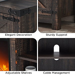T4TREAM Fireplace TV Stand for 75 Inch TV, Farmhouse Barn Door Media Console, Entertainment Center with 23" Electric Fireplace Remote Control, for Living Room, 66 Inch, Dark Rustic Oak