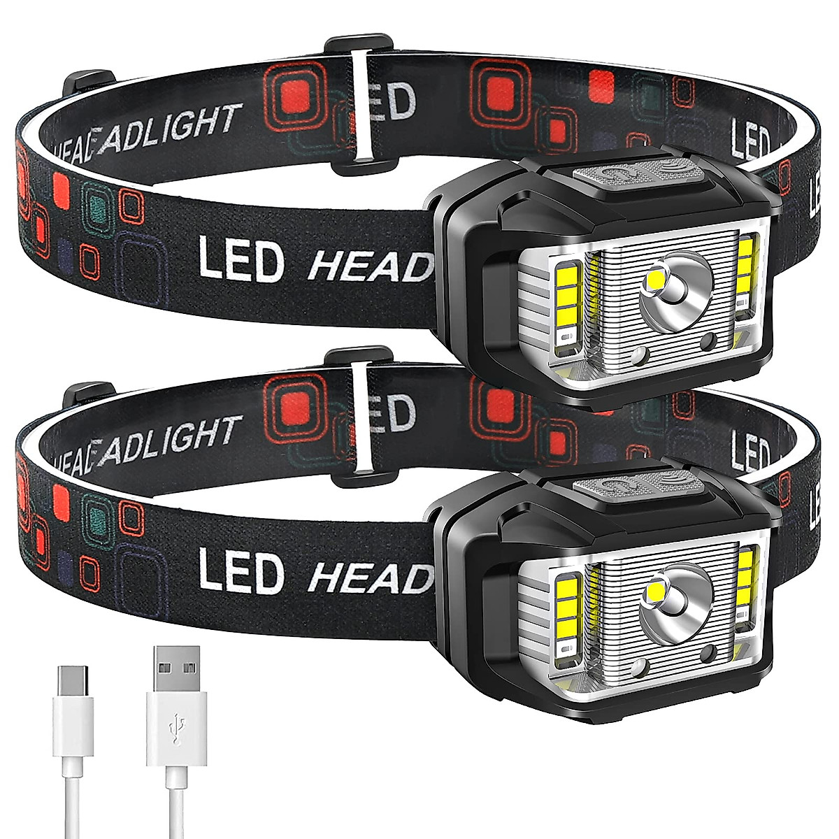 Headlamp Rechargeable,JNDFOFC 1200 Lumen Super Bright Motion Sensor LED Head Lamp flashlight, 2 PACK Waterproof Headlight with White Red Light,14 Modes Head Lights for Outdoor Camping Fishing Running