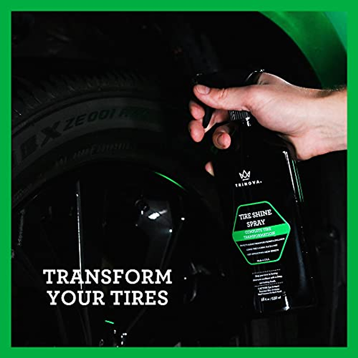 Trinova Tire Shine Spray No Wipe - Automotive Clear Coat Dressing for Wet & Slick Finish - Keeps Tires Black - with Rubber Protector - Prevents Fading & Yellowing - 18 OZ