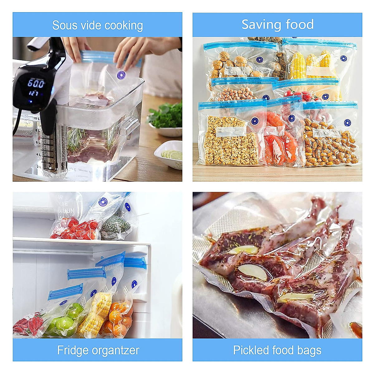 Domsanistor Sous Vide Bags Reusable, 20 PCS Vacuum Sealer Bags for Food with 6 Sealing Clips, Food Vacuum Sealer Bags for Food Storage & Sous Vide Cooking, BPA Free(11.8 * 13.4 inch)