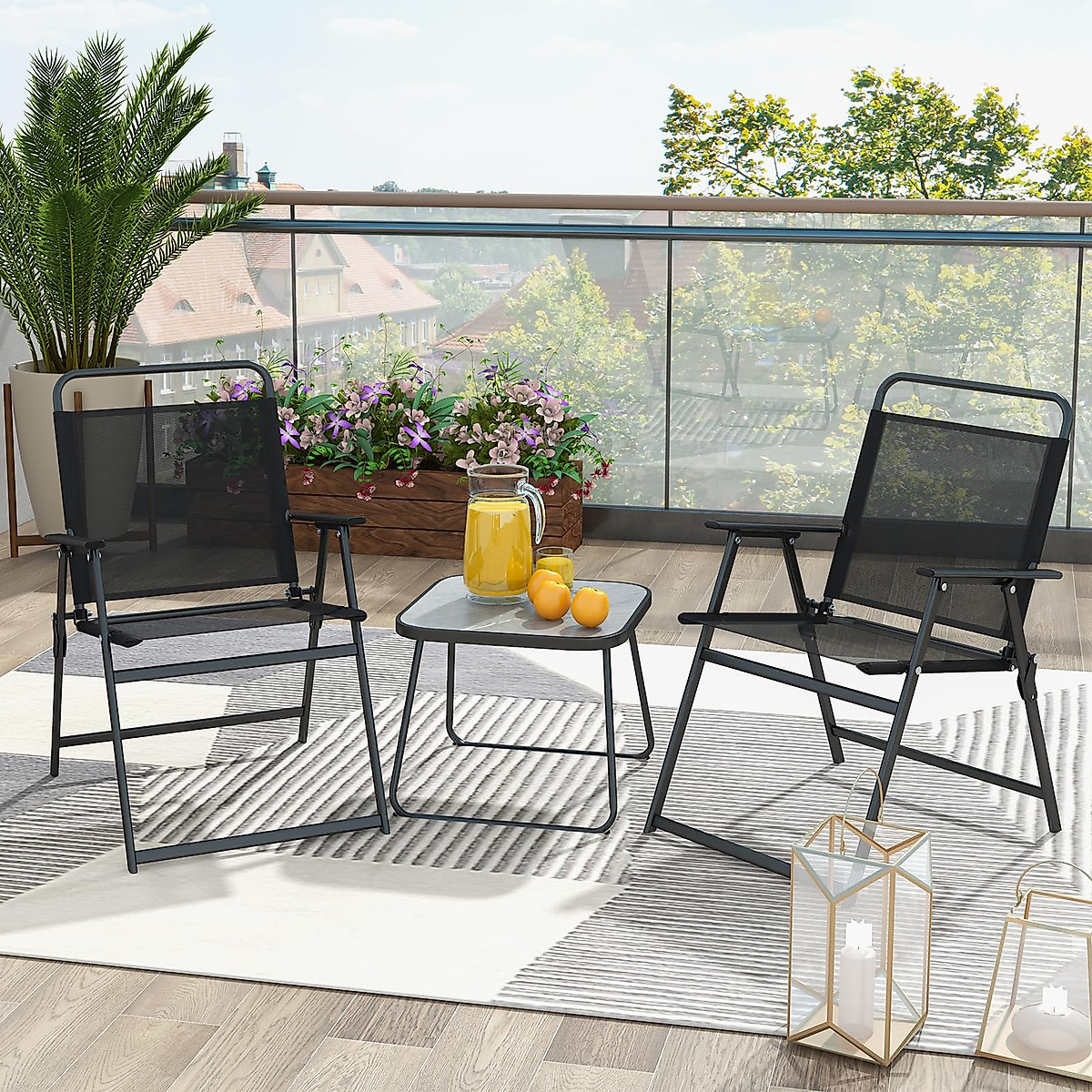 Tangkula 3 Piece Patio Folding Bistro Set, 2 Folding Chairs with Coffee Table, Breathable Fabric & Heavy-Duty Metal Frame, Outdoor Portable Folding Chair Set for Backyard, Poolside, Balcony (Black)