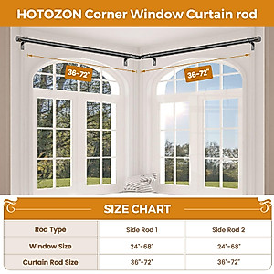 Heavy Duty Corner Window Curtain Rods 36 to 72 Inch, HOTOZON 1 Inch Telescoping Single Drapery Rod, Black, End Cap Finials