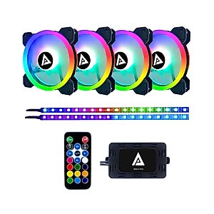 Apevia TL42-RGB Twilight 120mm Silent Dual-Ring RGB Color Changing LED Fan with Remote Control, 28x LEDs & 8X Anti-Vibration Rubber Pads w/ 2 Magnetic LED Strips (4+2-pk)