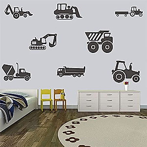 ANFRJJI Construction Vehicle Wall Decal - Excavator Bulldozer Mixer Truck PVC Removable Wall Sticker with 8 City Construction Vehicles - Construction Truck Tractor Peel and Stick for Kids Room Art Murals DecorationsJWH130 (black)