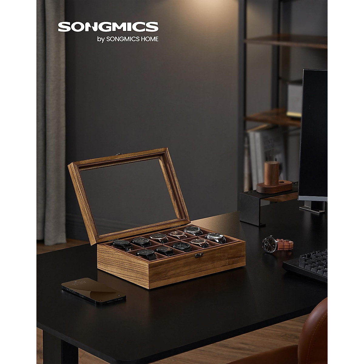 SONGMICS Watch Box, 10-Slot Watch Case, Solid Wood Watch Box Organizer with Glass Lid, Watch Display Case with Removable Pillows, Gift for Loved Ones, Rustic Walnut UJOW100K01