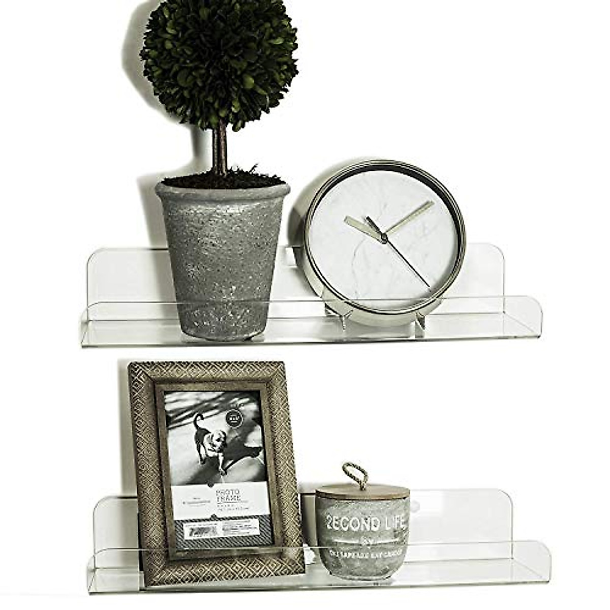 Huji 16 Inch Clear Acrylic Shelf with Rounded Corners for Books, Collectibles, Photos, Coffee Mugs, Makeup, Funko Pops, Toys, Spice Rack (Two Shelves)