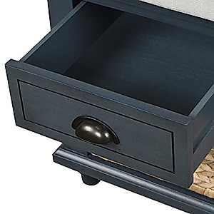 SOFTSEA Organizer Storage Bench Entryway Bench with 3 Drawers, 3 Rattan Baskets and Removable Cushion for Entryway, Hallway, Living Room, Home Collection Fully Assemble Storage Bench(Antique Navy)