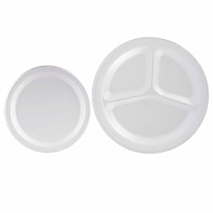 22 White Foam 3 Compartment Plate 8 7/8" & 25pc Round Foam Plate 6" Party Picnic Dessert Everyday Foam Plates School Tray Lunch Tray Dinnerware Strong Extra Thick Round Foam Plates 2 Sizes 6 Inch and