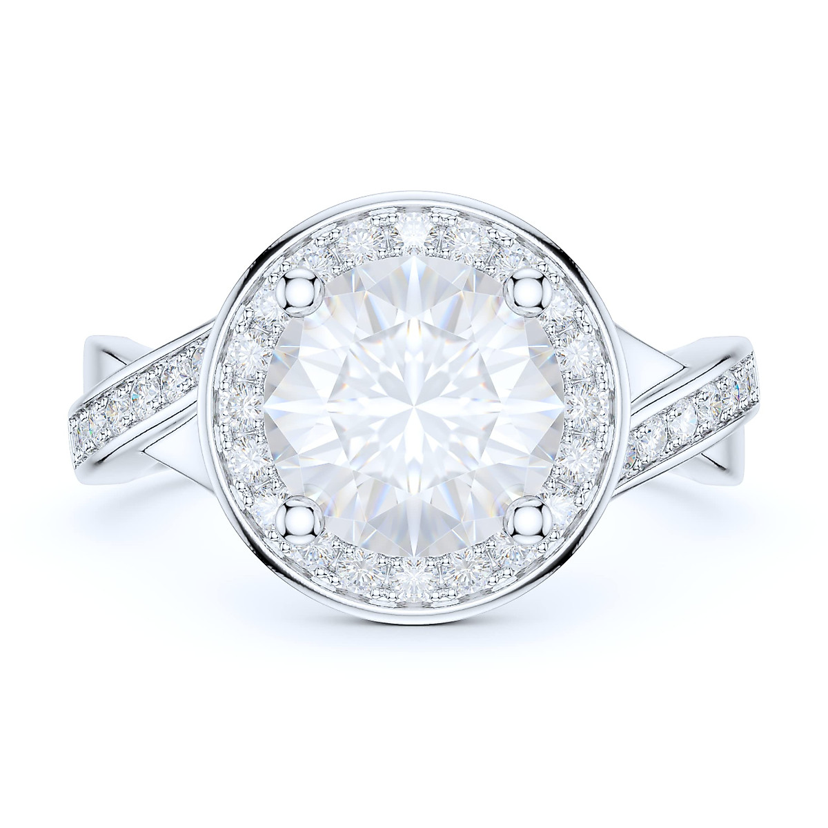 PRSTANI Sterling Silver Crossover Shank 2CT Simulated Round Brilliant Cut Diamond Halo Promise Engagement Ring (7.5)