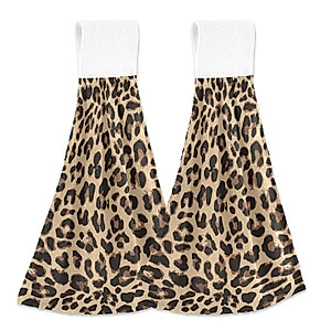 susiyo Brown Leopard Animal Print Hanging Kitchen Towels, 2 Pcs Tie Towel Dish Cloth with Loop for Kitchen Decor