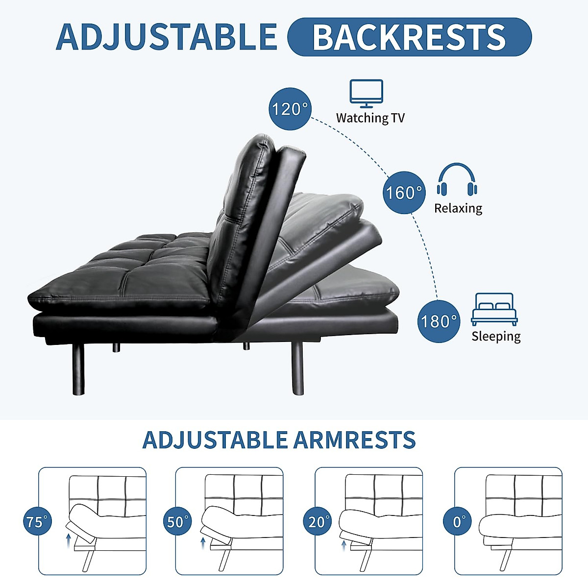 MUUEGM 71" Sofa Bed with Memory Foam,Futon Sofa Bed with Adjust Backrest and Armrest, Couches for Living Room,Studios, Apartments, Dormitories, Offices and Game Rooms. Black Leather Sofa