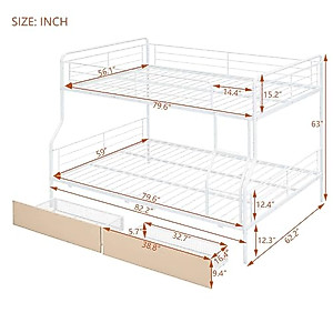 ATY Metal Bunk Bed Full XL Over Queen Size with 2 Drawers, Convertible Sturdy Bedframe w/Ladder and Guardrail, Can Seperated into 2Beds,No Box Spring Needed, for Kids, Teens, Adults, White