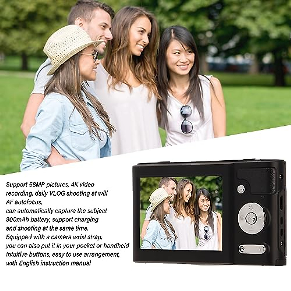 Digital Zoom Camera, Timing Photo Auto Focus Face Recognition 800mAh 4K HD Smart Camera 2.7in TFT Screen for for Picture Shooting (Black)