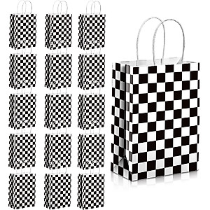 Epakh 16 Pcs Checkered Racing Treat Bags Race Car Party Favors Bag with Handles Black and White Checkered Racing Flag Candy Bags Goodie Bags for Race Car Themed Birthday Party Supplies
