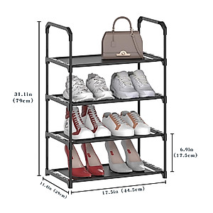 scopbinsa 4-Tier Small Shoe Rack, Stackable Nonwoven Shoe Storage Organizer Metal Shoe Shelf with Handle for Entryway, Hallway, cabinet and Closet (4 black-with Handle)