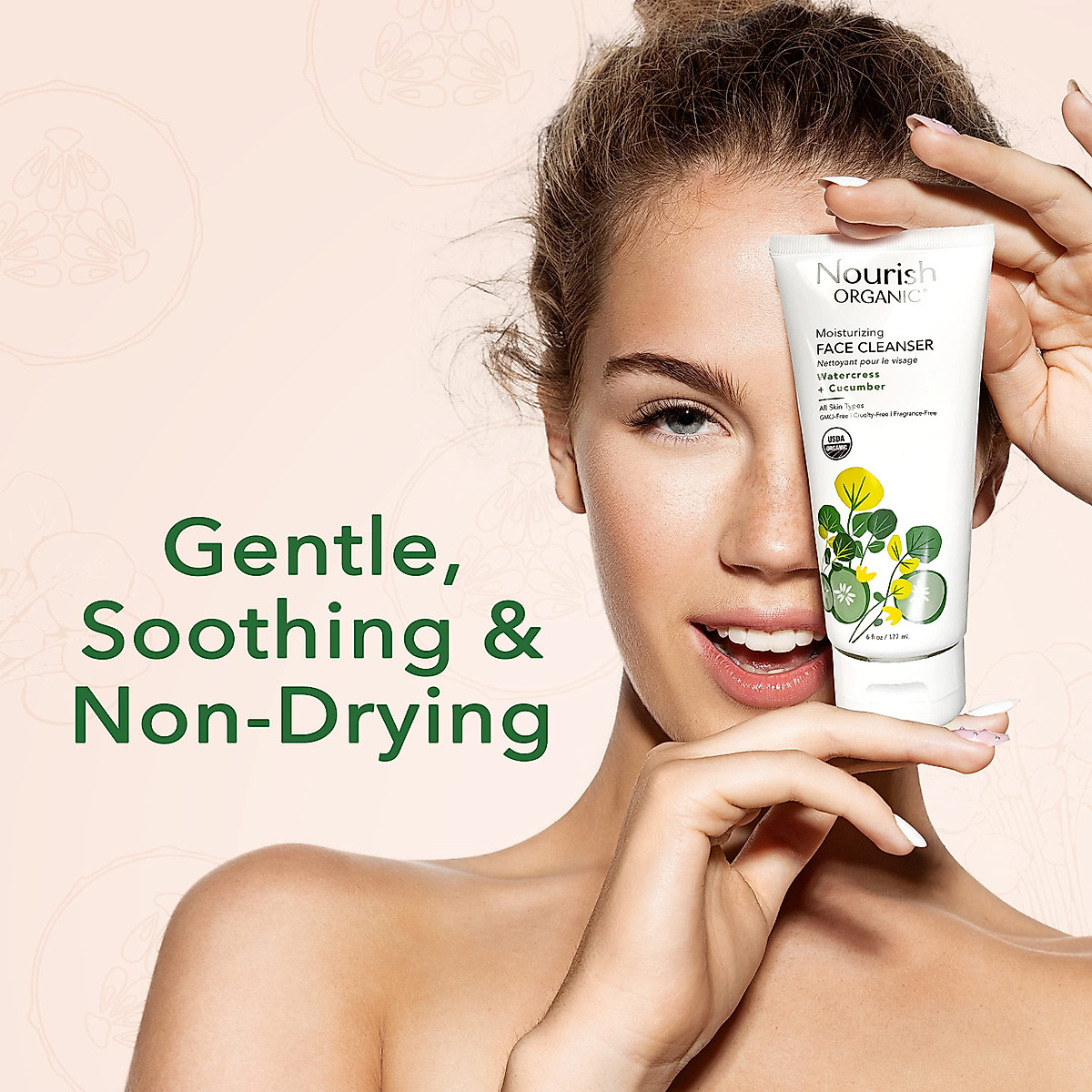 Nourish Organic Moisturizing Face Cleanser for All Skin Types, Watercress + Cucumber Face Wash, Fragrance-Free (6 Oz) + Washable Cotton Round