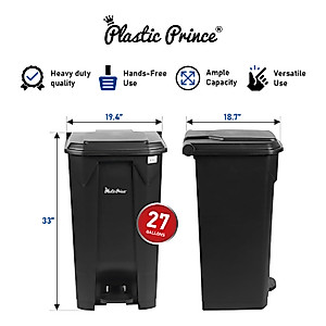 27 Gallon Step-On Trash Can/Container, Black Plastic Dustbin with Lid and Foot Pedal, Hands-Free Disposal
