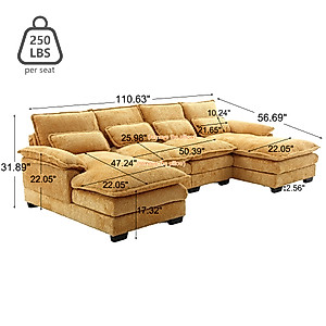 GNIXUU 110" Sectional Sofa Cloud Couch for Living Room, Modern Chenille U Shaped Couch, Comfy Modular Sofa Sleeper with Double Chaise & Memory Foam(Mustard Yellow)