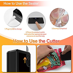 Mini Bag Sealer,3 in 1 USB Rechargeable Heat Sealer and Cutter,5 Adjustable Gears Chip Bag Sealer,with 3000mAh Battery and 3.8" Heating Strip Seal for Chip Bags, Plastic Bags, Snack Bags (Black)
