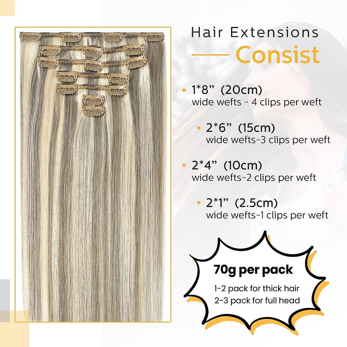 VARIO HAIR Clip in Hair Extensions Blonde Highlighted Human Hair Balayage Hair Extensions Mixed Bleach Blonde 12 Inch 70g Fine Hair Full Head Silky Straight 100% Human Hair Clip In Extensions