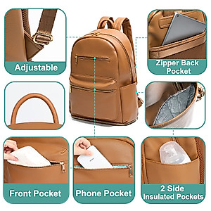 MOMINSIDE Small Diaper Bag Backpack, 13 Pockets Leather Mini Baby Bag Backpack, Breast Pump Bag, 13 Inch Laptop Sleeve, 2 Insulated Pockets, Bottom Compartment, Brown