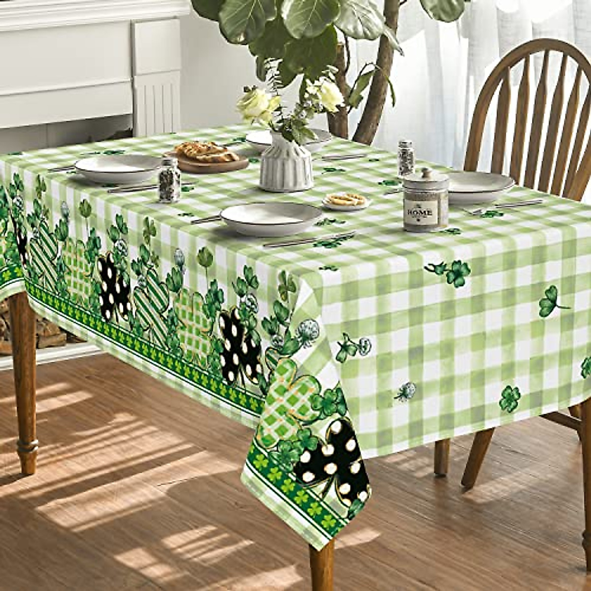Horaldaily St. Patrick's Day Tablecloth 60x84 Inch, Buffalo Plaid Pot Shamrock Table Cover for Party Picnic Dinner Decor