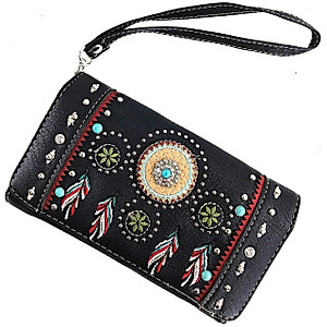 Zelris Tribal Dream Catcher Feather Embroidery CCW Concealed Carry Western Handbag And Wallet Set (Black)