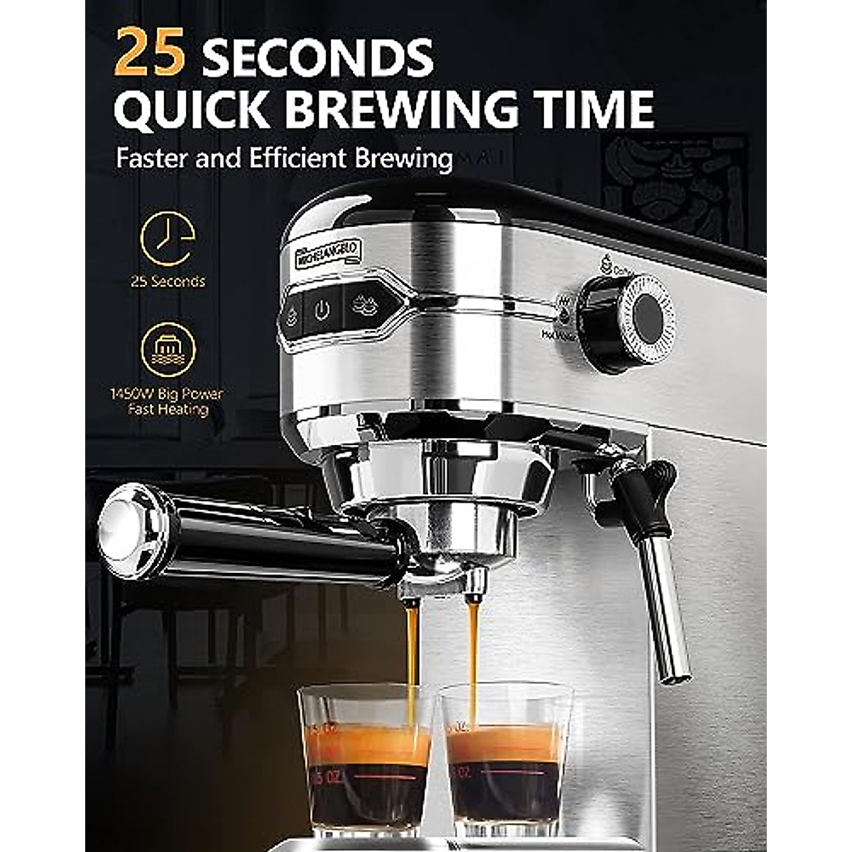 MICHELANGELO 15 Bar Espresso Machine with Milk Frother, Expresso Coffee Machines, Stainless Steel Espresso Maker for Cappuccino and Latte, Small Coffee Maker with Frother - Compact Design for Home