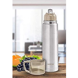 Milton Thermosteel Glassy Flask 1000, Double Walled Vacuum Insulated 1000 ml | 34 oz | 1 qt. | 24 Hours Hot and Cold Bottle with Cover, 18/8 Stainless Steel, BPA Free, Food Grade, Leak-Proof | Gray