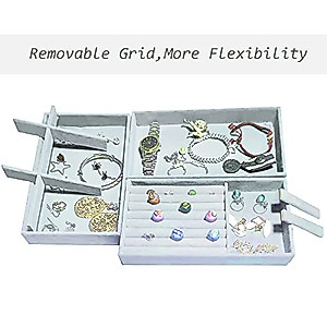 Philopack 3PCS Stackable Jewelry Organizer Trays-Drawer Storage Box Velvet Display Holder for Necklace Earring Bracelet Watch (Grey)