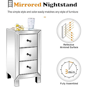 Bonnlo 3-Drawer Mirrored Nightstand Set of 2, End Table, Bedside Table, Glass Nightstand for Bedroom, Living Room, Silver, 11.7" L x 11.8" W x 23.8" H