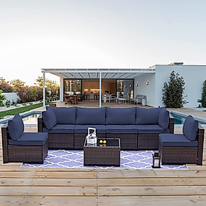 Kullavik Outdoor Patio Furniture Set, 7-Piece Patio All-Weather Outdoor Sofa, PE Wicker Combo Set with Coffee Table and Washable Sofa Seat Cushions (Navy Blue)