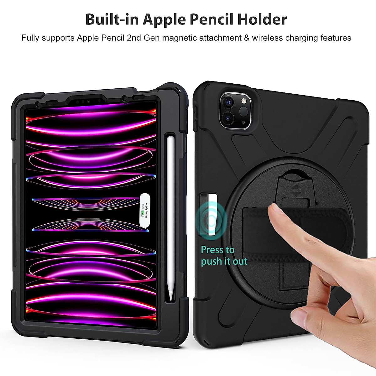 ProCase for iPad Pro 12.9 Inch Case 2022 2021 2020 2018, Rugged Heavy Duty Shockproof Cover with Hand Strap Shoulder Strap for iPad Pro 12.9" 6th 5th 4th 3rd Generation –Black