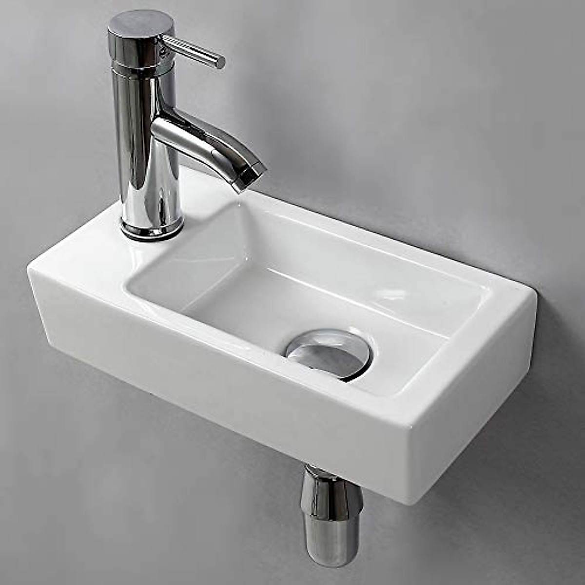 Wall Hung Basin Sink Small Cloakroom Basin Rectangle Ceramic Wash Basin Left Hand with Tap & Drain(Art Deco)