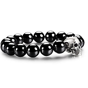 Skullis 0.7" 925 Sterling Silver Carved Skull & Black Obsidian Beads Bracelet, Crystal Healing. (M, Fit wrist size: (171-186) mm)