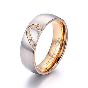 LAVUMO Matching Promise Rings for Couples Love You Forever Wedding Bands Sets for Him and Her Half Heart Rings Stainless Steel 6mm with Box Comfort Fit (Men 9 & Women 7)