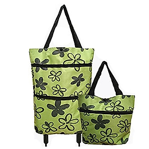Trolley Folding Shopping Bag Collapsible Two-Stage Zipper Folding Shopping Bags 2 In 1 Foldable Shopping Portable Cart With Wheels Lightweight Storage Bag for Shopping Fruits Vegetables (Green Flora)