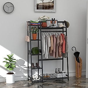 WTZ Clothes Rack for Hanging Clothes, Bamboo Garment Rack Heavy Duty Clothing Rack with Shelves for Living Room, Bedroom, Entryway, Bathroom (CR-538 White)