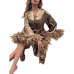 WDIRARA Women's Long Sleeve Satin Fuzzy Trim Robe Bridesmaid Robe Wedding Party Robe Bronze M