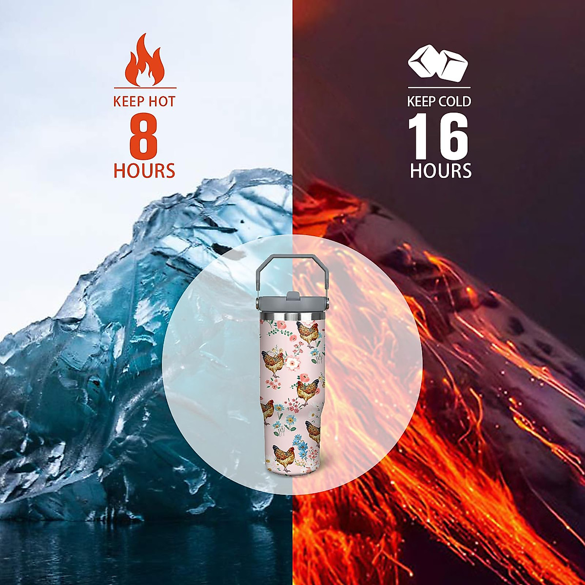 30oz Chicken Tumbler with Handle and Straw, Pink Chicken Stainless Steel Vacuum Insulated Flip Straw Coffee Cups Spill Proof Travel Mug, Chicken Rooster Decor Stuff Gifts for Women Chicken Lover