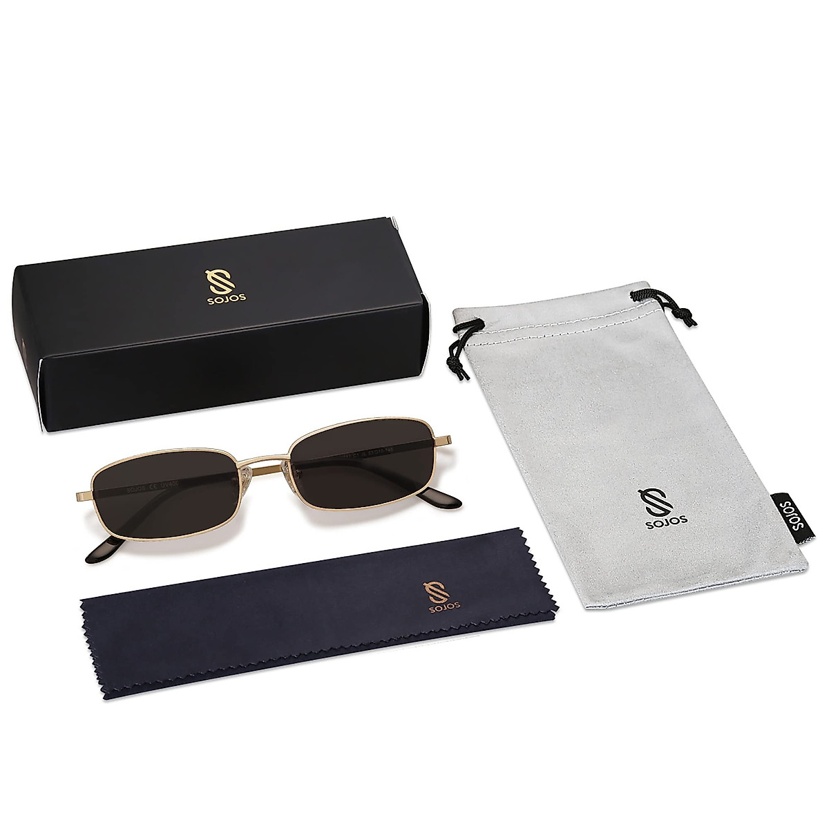 SOJOS Small Y2k Narrow Rectangle Sunglasses Womens Mens Retro 80s 90s UV400 Sunnies SJ1187, Gold/Grey