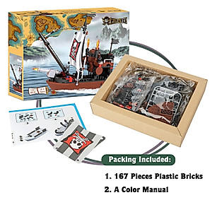 BRICK STORY Pirate Ship Building Blocks with 3 Mini Toy Figures, Boat and Ship Model Pirate Toys Building Kit Pirate Adventure Toys Sets Building Bricks Gifts for Boys Girls Age 6-12 and Up, 167pcs
