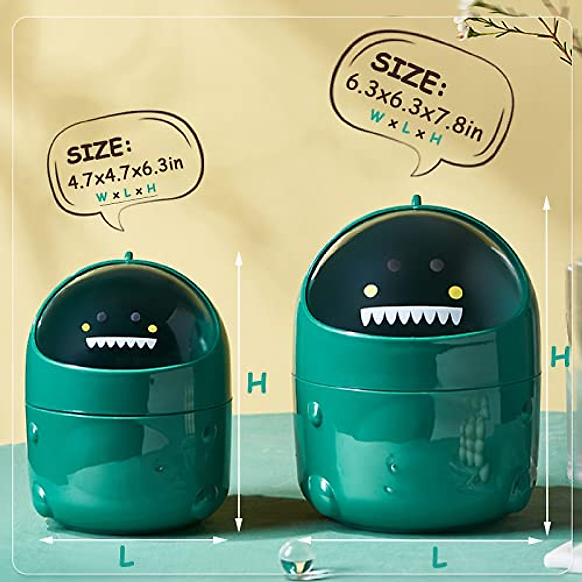 1.28 Gal Mini Desktop Trash Can with Lid, Cute Little Dinosaur Countertop Garbage Bin, Plastic Tiny Tabletop Wastebasket for Office/Kitchen/Coffee Table Room Decoration - Green